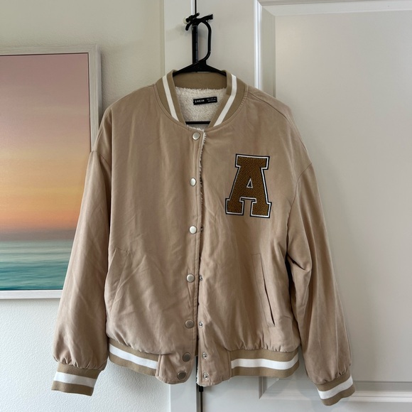 SHEIN | Jackets & Coats | Shein Tan Varsity Jacket With White Accents ...